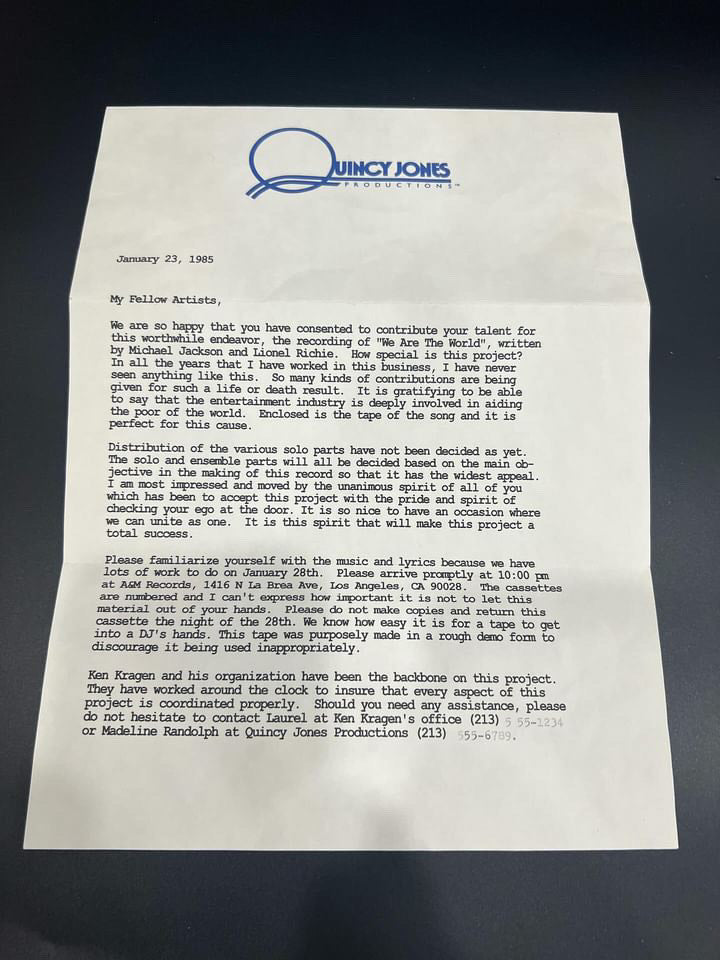 We Are The World | January 23rd, 1985, original Quincy Jones Letter re ...